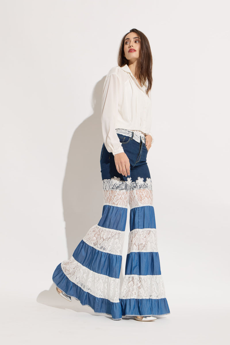 Tiered 2 Tone Lace/Denim Pants – OO LA LA!