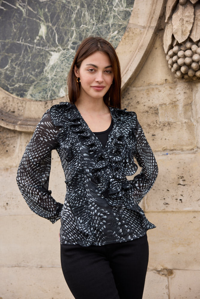 Anaconda Print Ruffle Combo Chiffon Mesh Top – OO LA LA!